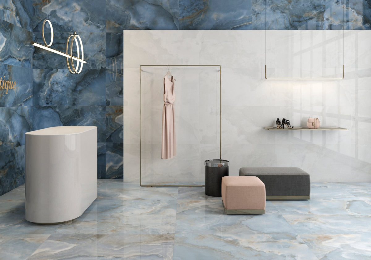 Caironyx Sky Polished - Blue Onyx Effect Polished Porcelain Tile ...